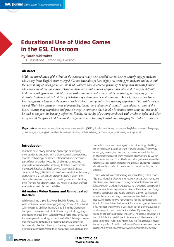 (PDF) Educational Use of Video Games in the ESL Classroom