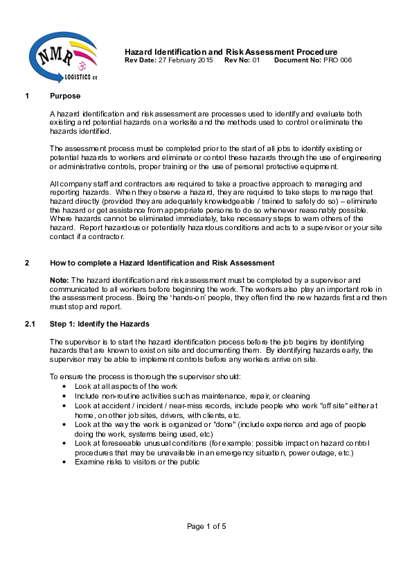 (DOC) PRO 006 Hazard Identification and Risk Assessment Procedure