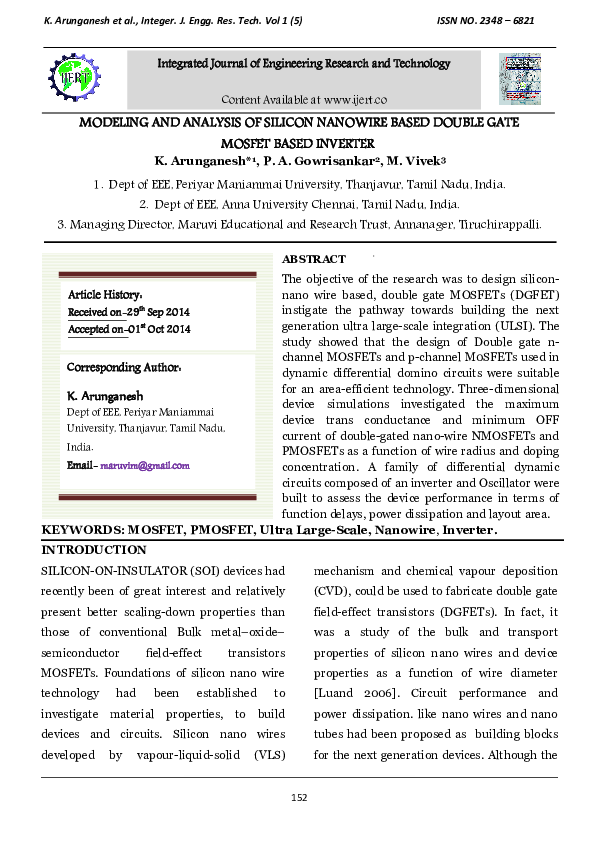 (PDF) MODELING AND ANALYSIS OF SILICON NANOWIRE BASED DOUBLE GATE MOSFET BASED INVERTER