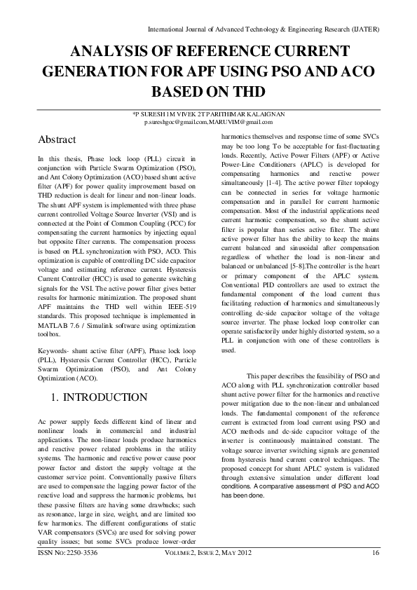 Pdf Analysis Of Reference Current Generation For Apf Using Pso And Aco Based On Thd