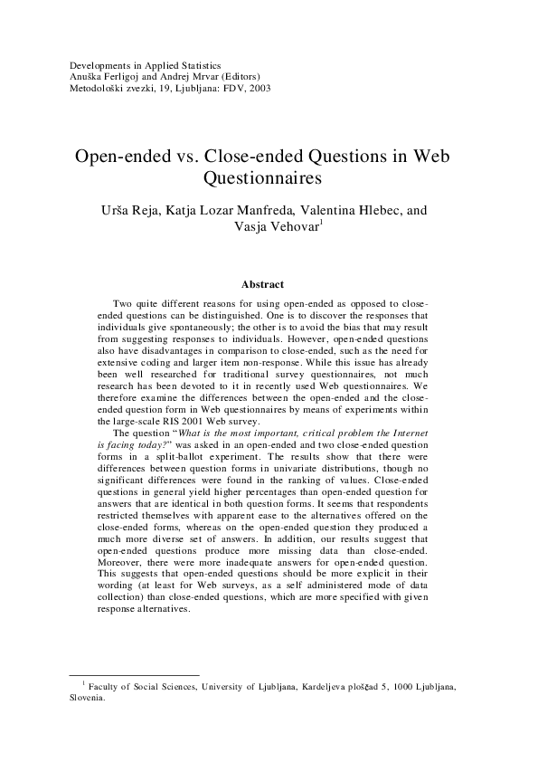 (PDF) Open-ended vs. Close-ended Questions in Web Questionnaires