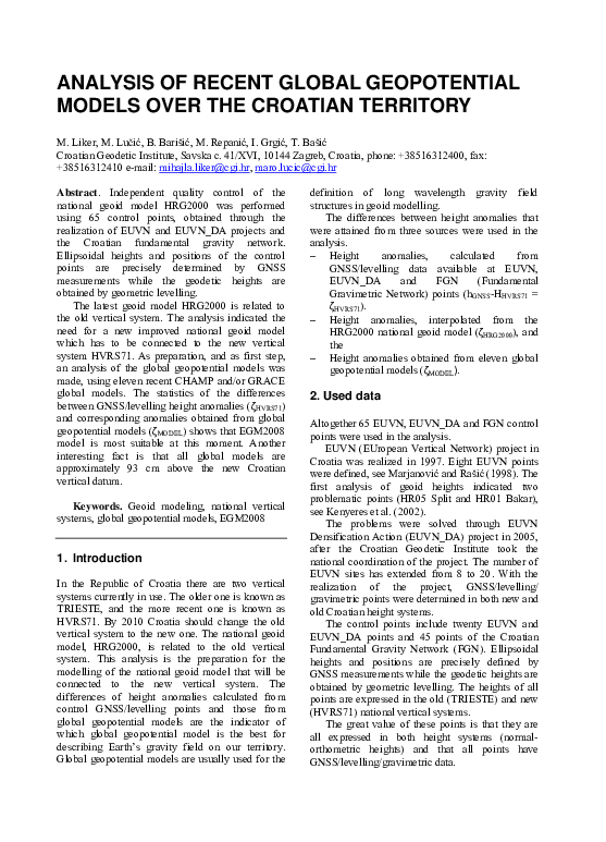 (PDF) ANALYSIS OF RECENT GLOBAL GEOPOTENTIAL MODELS OVER THE CROATIAN TERRITORY