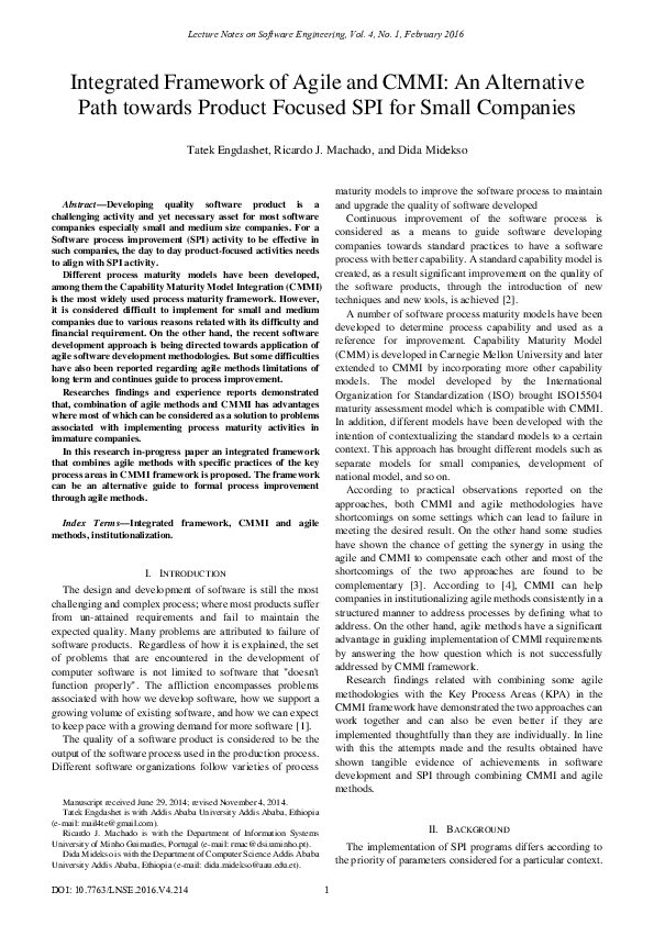 (PDF) Integrated Framework of Agile and CMMI: An Alternative Path ...