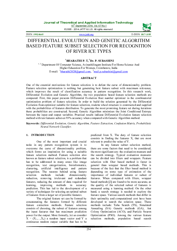 (PDF) DIFFERENTIAL EVOLUTION AND GENETIC ALGORITHM BASED FEATURE SUBSET SELECTION FOR ...