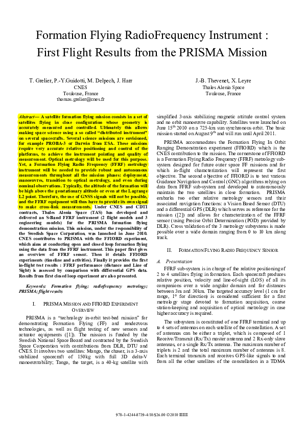 (PDF) Formation Flying RadioFrequency Instrument : First Flight Results from the PRISMA Mission