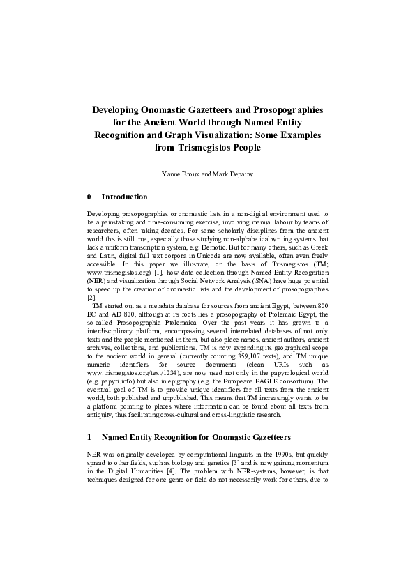 (PDF) 'Developing Onomastic Gazetteers and Prosopographies for the Ancient World through Named ...