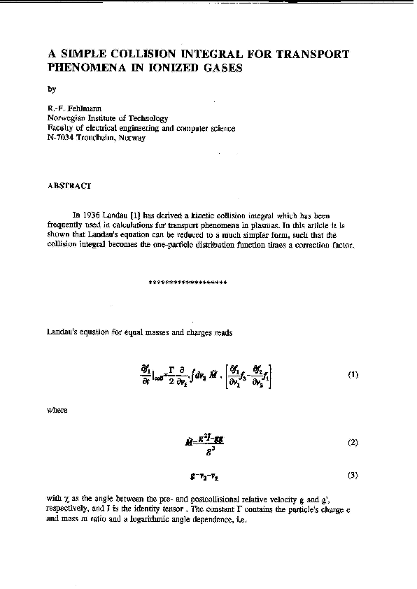 (PDF) A simple collision integral for transport phenomena in ionized ...