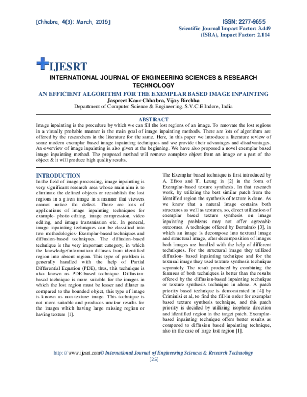 (PDF) AN EFFICIENT ALGORITHM FOR THE EXEMPLAR BASED IMAGE INPAINTING | IJESRT Journal - Academia.edu