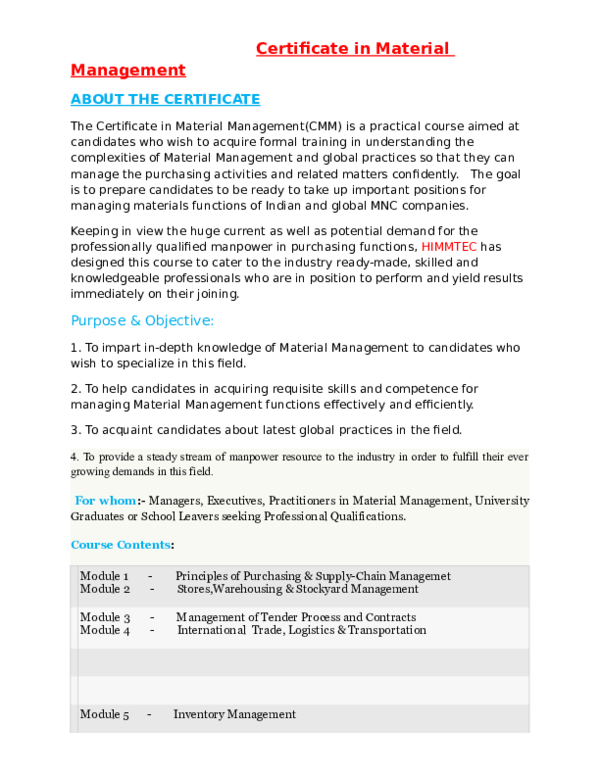 (DOC) Certficate in Material Management