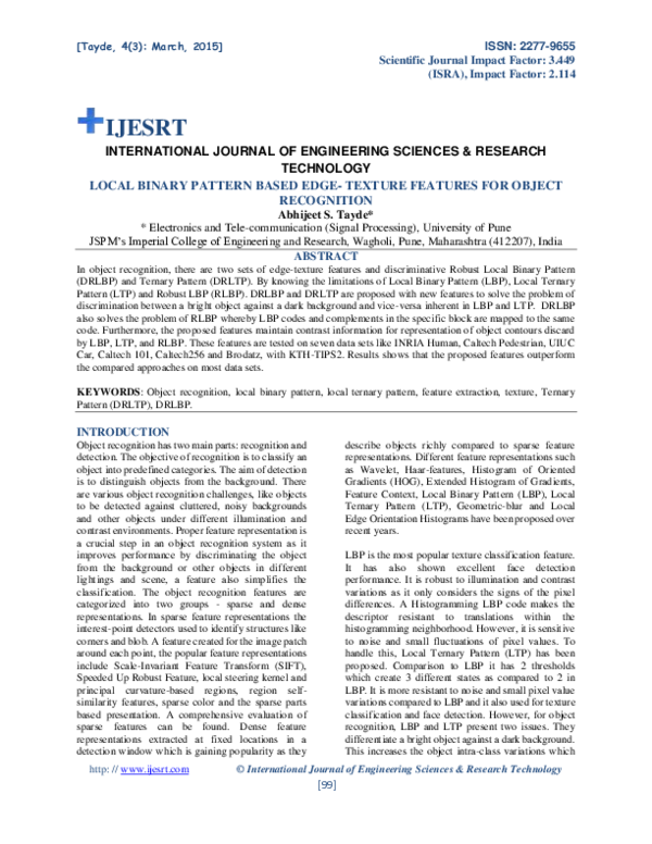 Pdf Local Binary Pattern Based Edge Texture Features For Object Recognition