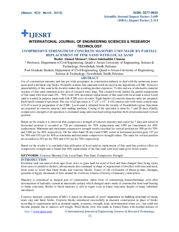 (PDF) COMPRESSIVE STRENGTH OF CONCRETE MASONRY UNIT MADE BY PARTIAL ...