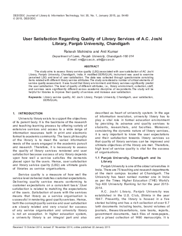 (PDF) User Satisfaction Regarding Quality of Library Services of A.C ...