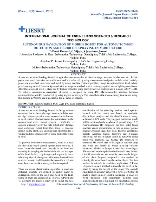 Pdf Autonomous Navigation Of Mobile Robot For Automatic Weed Detection And Herbicide Spraying