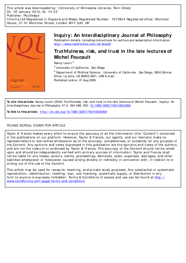 (PDF) Truthfulness, Risk, and Trust in the Late Lectures of Michel Foucault