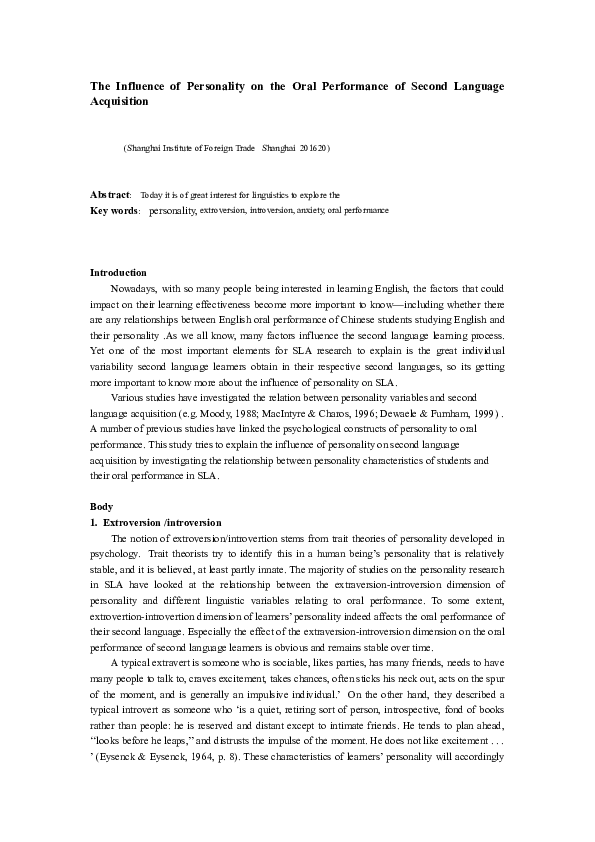(DOC) The Influence of Personality on the Oral Performance of Second ...