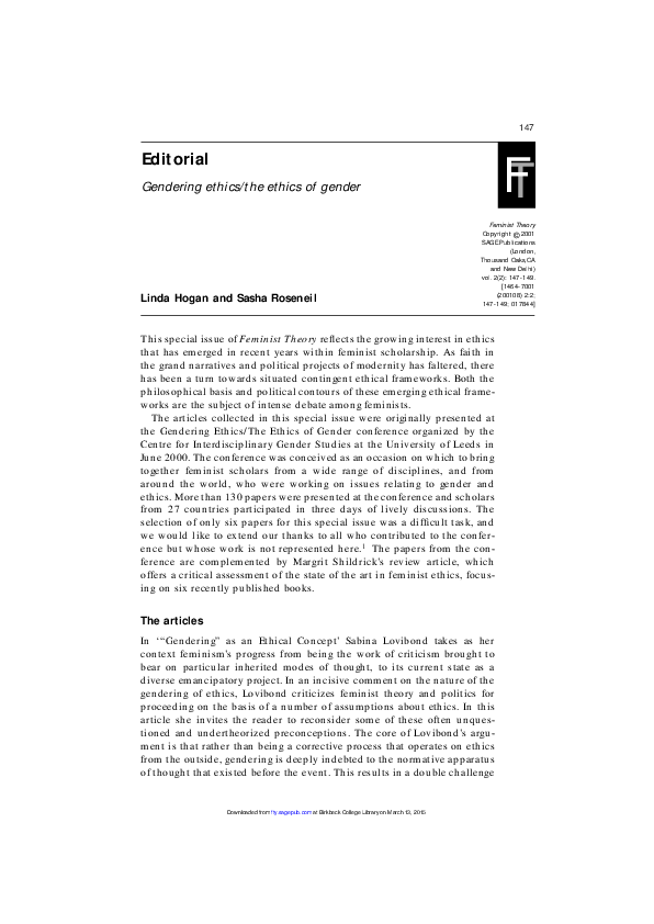 (PDF) Editorial: Gendering ethics/the ethics of gender
