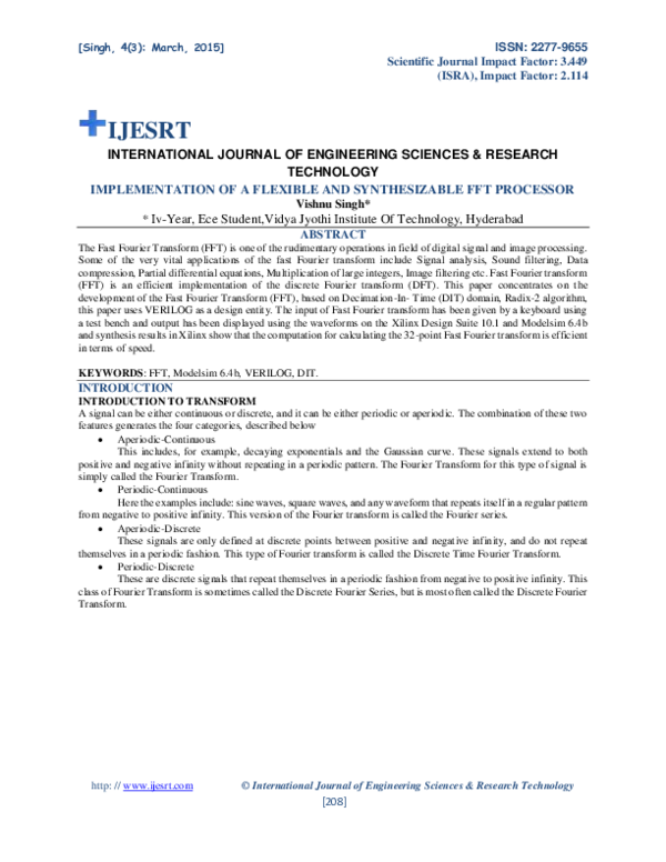 (PDF) IMPLEMENTATION OF A FLEXIBLE AND SYNTHESIZABLE FFT PROCESSOR (PDF) IMPLEMENTATION OF A FLEXIBLE AND SYNTHESIZABLE FFT PROCESSOR