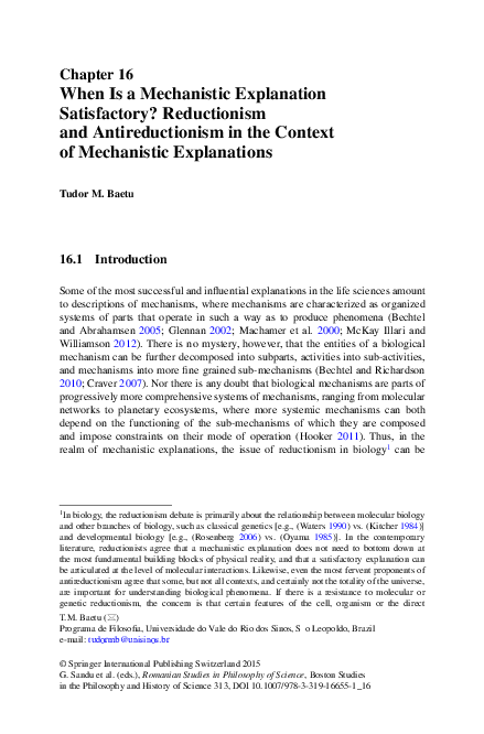 (PDF) When is a Mechanistic Explanation Satisfactory? Reductionism and Antireductionism in the ...