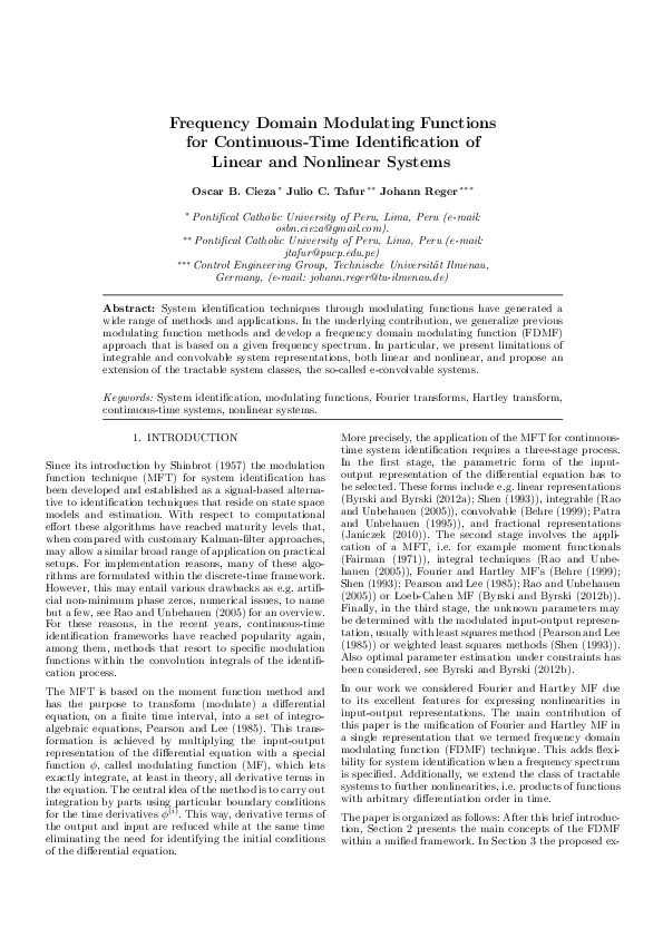 Pdf Frequency Domain Modulating Functions For Continuous Time Identifi Cation Of Linear And