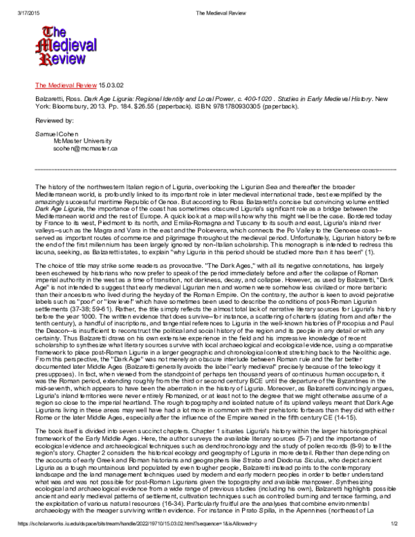(PDF) Review of Ross Balzaretti, Dark Age Liguria: Regional Identity ...