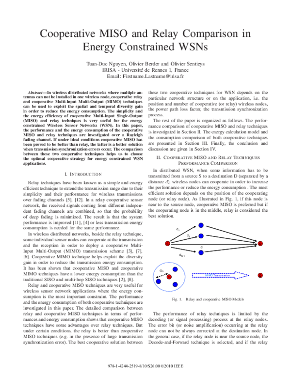(PDF) Cooperative MISO and Relay Comparison in Energy Constrained WSNs