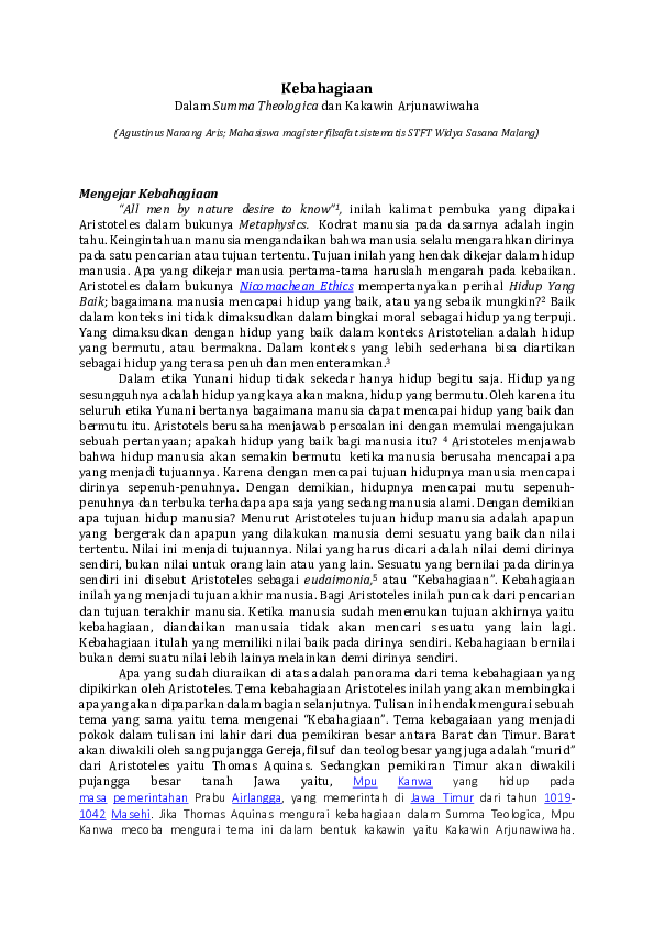 (PDF) Kebahagiaan: Dalam Summa Theologica dan Kakawin Arjunawiwaha