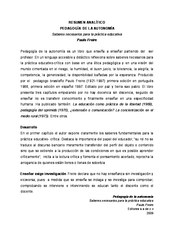 (DOC) Resumen analitico y ensayo libro Pedagogia de la autonomia (DOC) Resumen analitico y ensayo libro Pedagogia de la autonomia