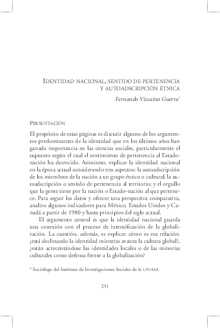(PDF) IDENTIDAD NACIONAL, SENTIDO DE PERTENENCIA Y AUTOADSCRIPCIÓN ÉTNICA