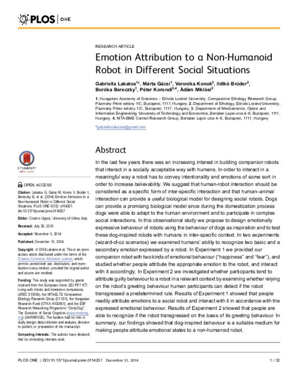 (PDF) Emotion Attribution to a Non-Humanoid Robot in Different Social ...
