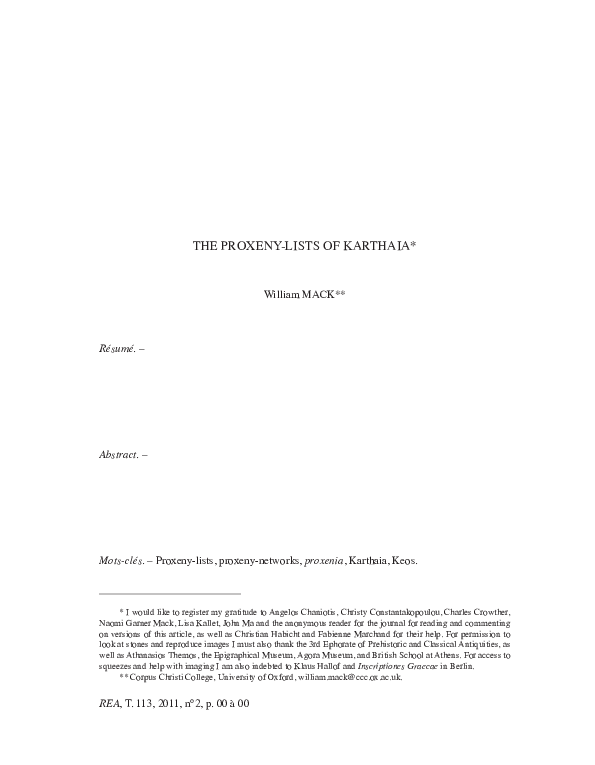 (PDF) ‘The Proxeny-lists of Karthaia’, Revue des Études Anciens 113.2 ...