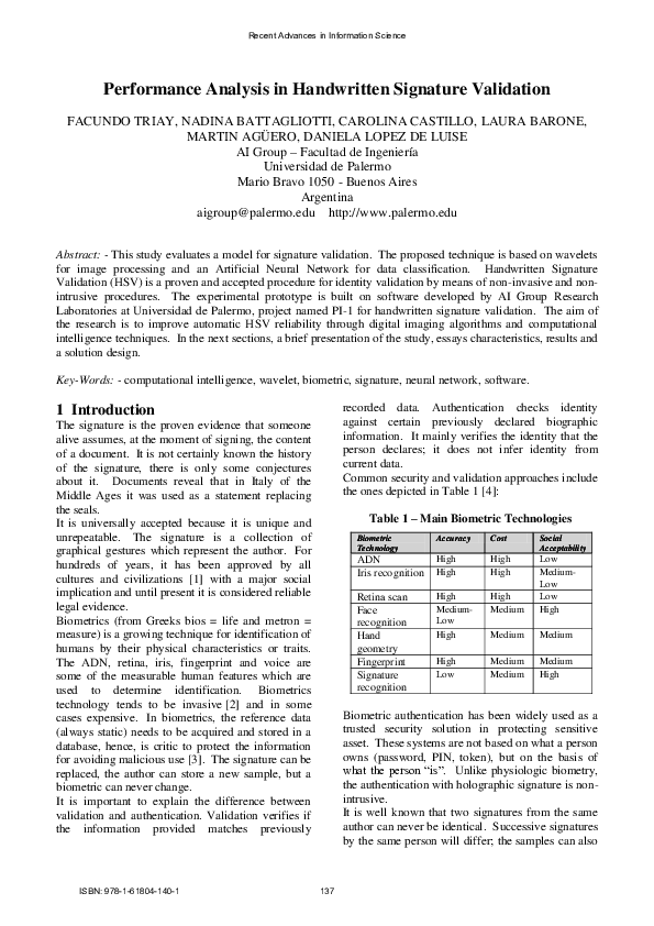 Pdf Performance Analysis In Handwritten Signature Validation