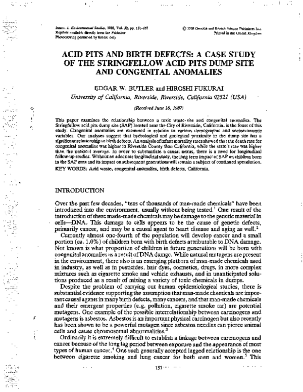 (PDF) Acid pits and birth defects: a case study of the Stringfellow ...