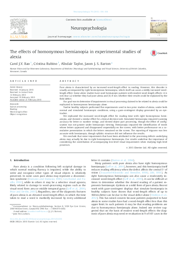 (PDF) The effects of homonymous hemianopia in experimental studies of ...