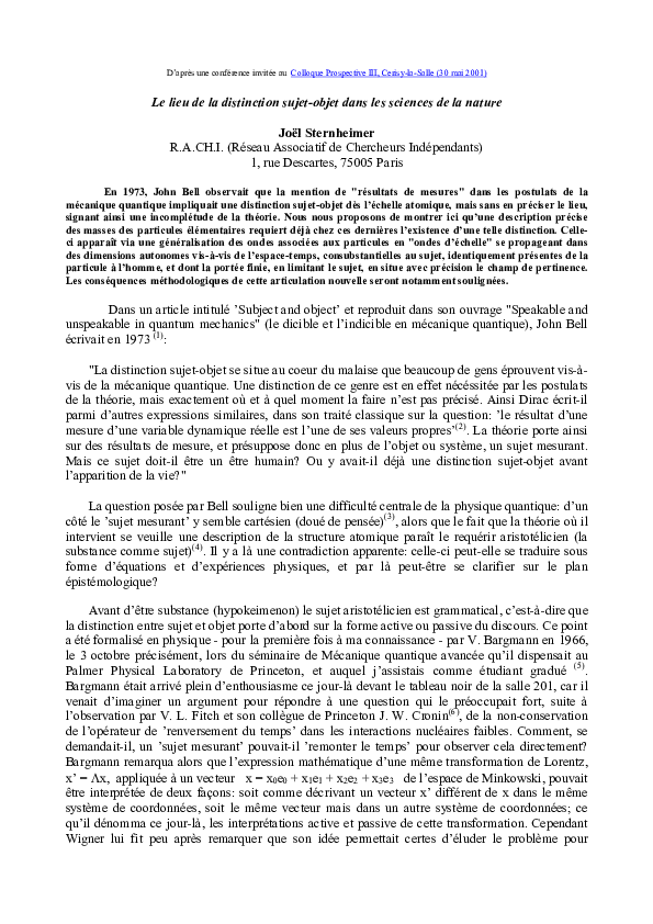 (PDF) Le lieu de la distinction sujet-objet dans les sciences de la nature