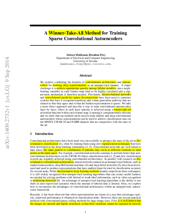 Pdf A Winner Take All Method For Training Sparse Convolutional Autoencoders Tu Ln