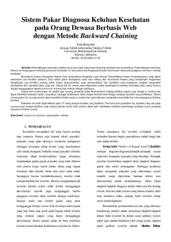 (PDF) Sistem Pakar Diagnosa Keluhan Kesehatan pada Orang Dewasa Berbasis Web dengan Metode ...