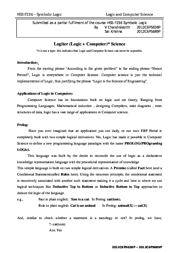 (PDF) Logic vs Computer science- a perspective