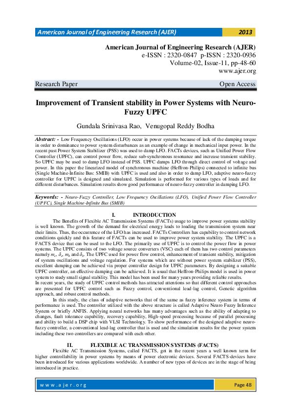 (PDF) Improvement of Transient stability in Power Systems with Neuro-Fuzzy UPFC