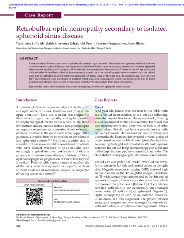 (PDF) Retrobulbar optic neuropathy secondary to isolated sphenoid sinus ...