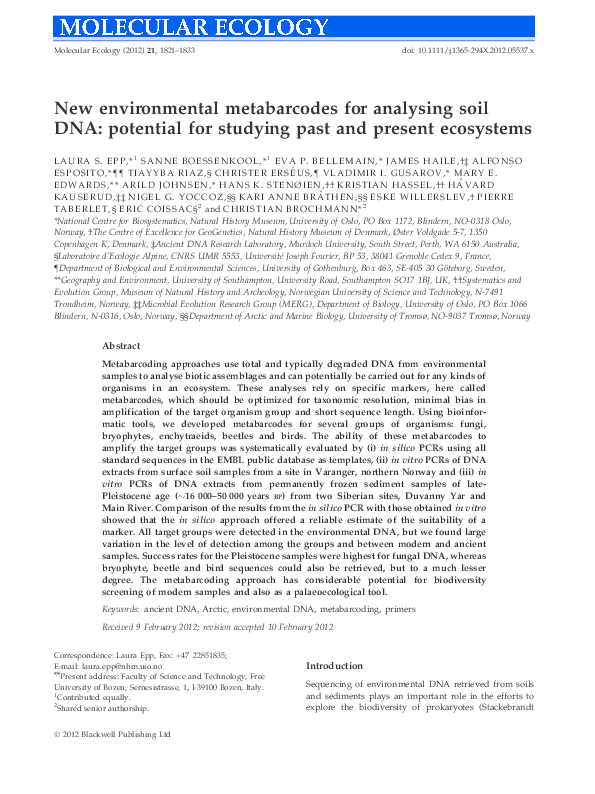 (PDF) New environmental metabarcodes for analysing soil DNA: potential for studying past and ...