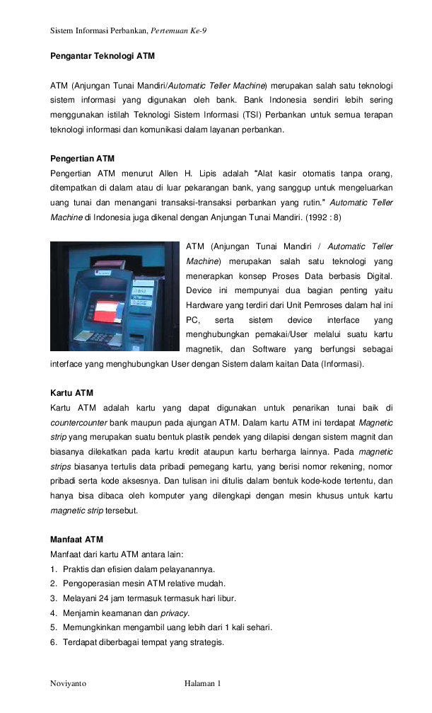 (PDF) Sistem Informasi Perbankan, Pertemuan Ke-9 Pengantar Teknologi ATM