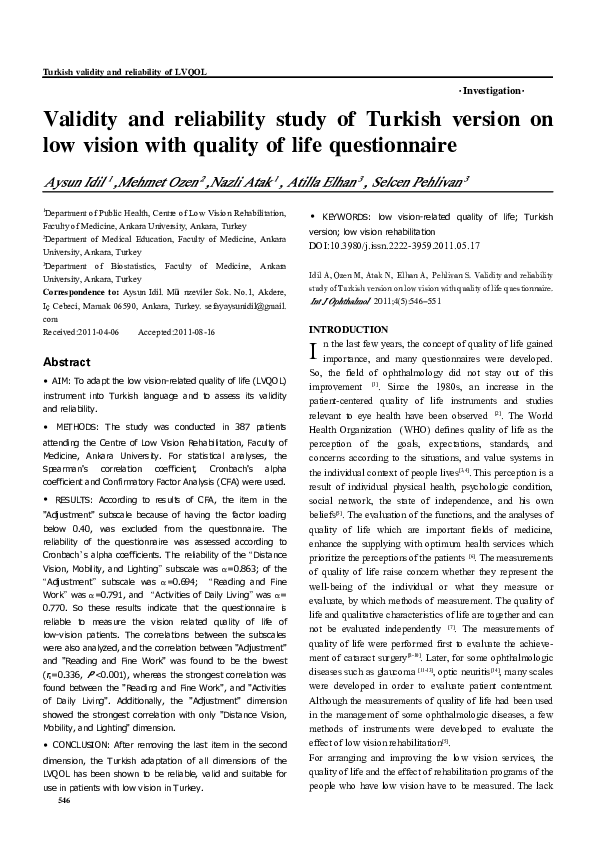 (PDF) Validity and reliability study of Turkish version on low vision ...