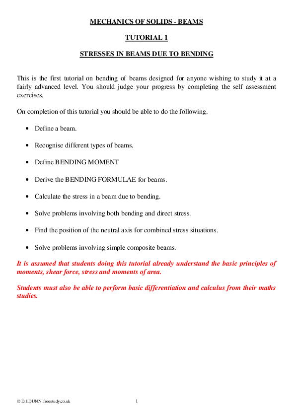 (PDF) MECHANICS OF SOLIDS -BEAMS TUTORIAL 1 STRESSES IN BEAMS DUE TO ...