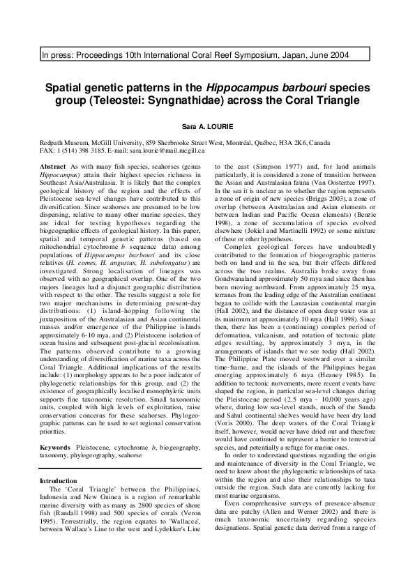 Spatial genetic patterns in the Hippocampus barbouri species group ...