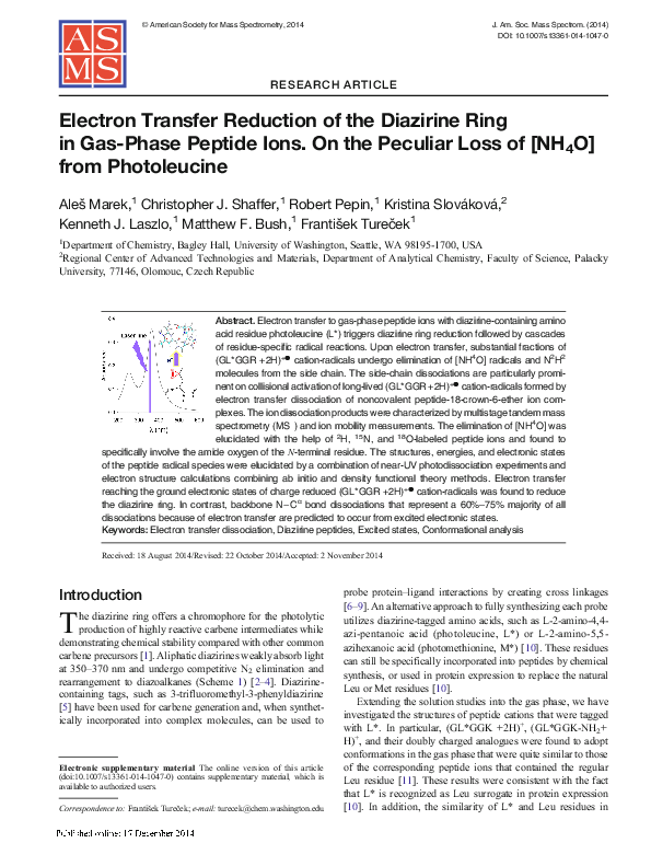 Electron Transfer Reduction of the Diazirine Ring in Gas-Phase Peptide ...