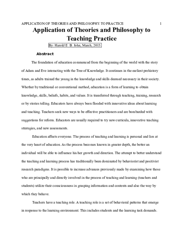 (DOC) Application of Theories and Philosophy to Teaching Practice