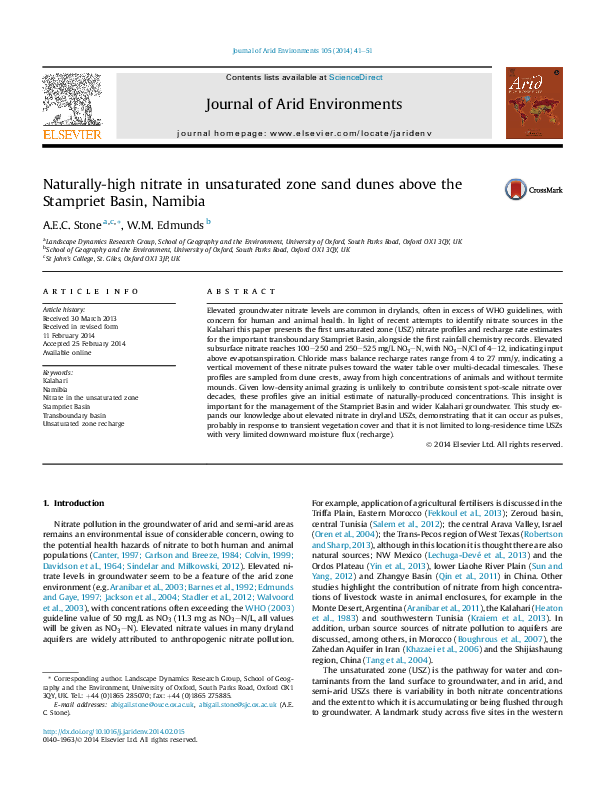 (PDF) Naturally-high nitrate in unsaturated zone sand dunes above the ...