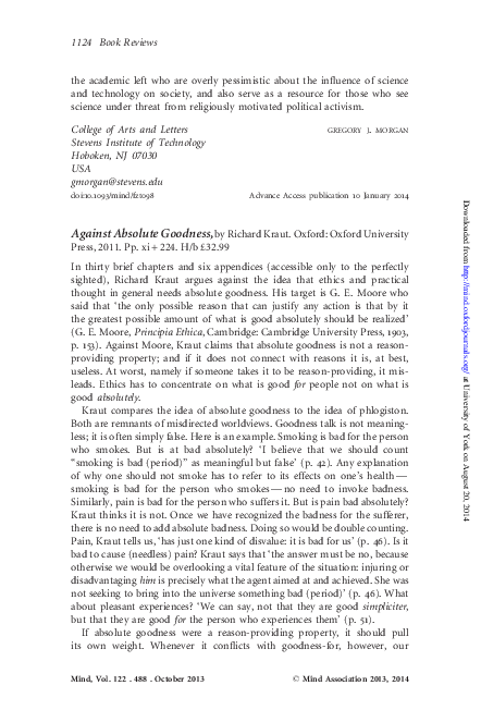 (PDF) Review of R Kraut, Against Absolute Goodness | Christian Piller ...
