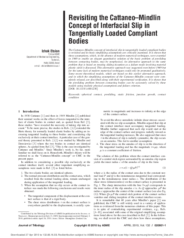 (PDF) Revisiting the Cattaneo–Mindlin Concept of Interfacial Slip in Tangentially Loaded ...