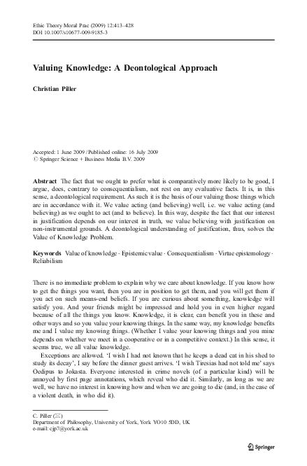 (PDF) Valuing Knowledge: A Deontological Approach